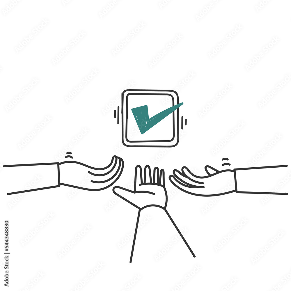 hand drawn doodle hand showing green check mark illustration vector ...