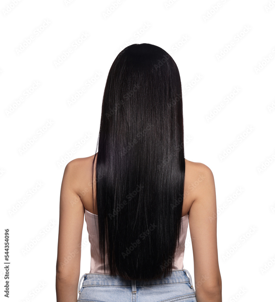 Woman with strong healthy hair on white background, back view Stock ...