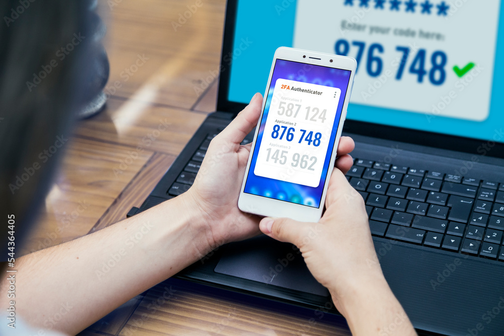 2FA Two factor authentication on laptop computer and mobile phone app ...