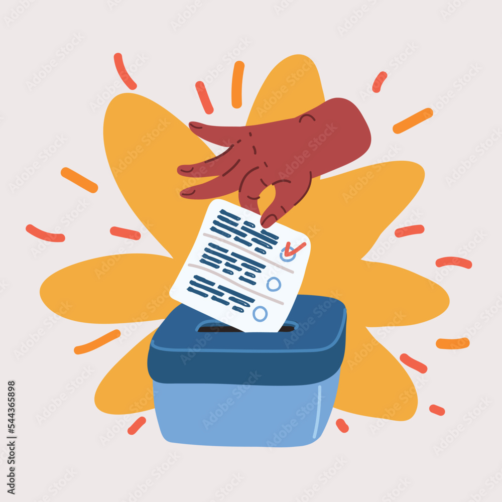 Cartoon still voting concept. Hand putting paper in the ballot box ...