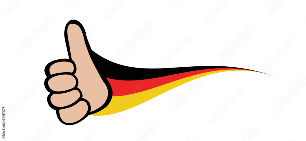 Cartoon drawing hand, thumbs up, top, super and germany flag ...