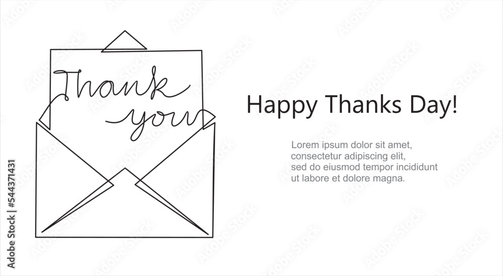 Happy thanks day. Continuous one line drawing of envelope with ...