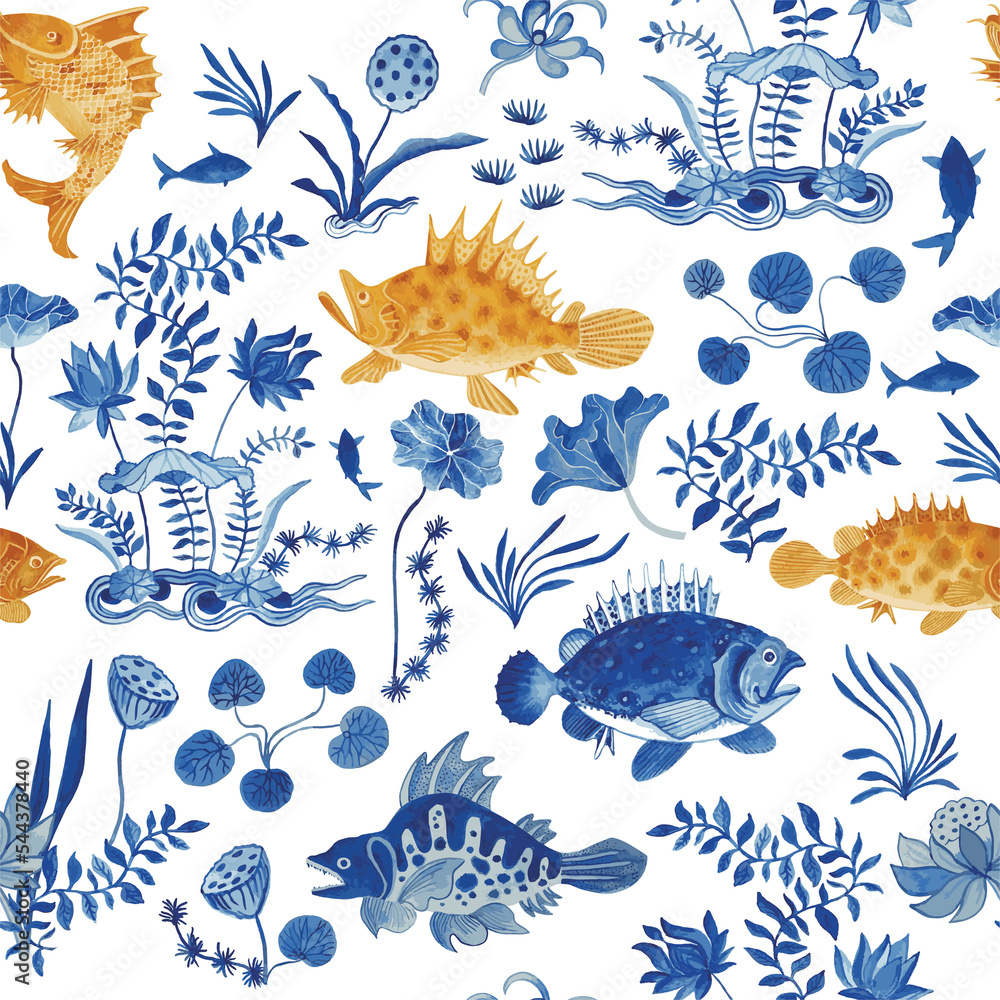Blue and white repeat pattern. A modern take on a classic chinoiserie ...