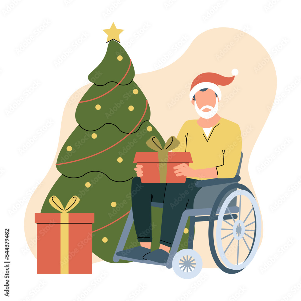 Wheelchair man dressed Santa Claus holding gift box. Persons with ...