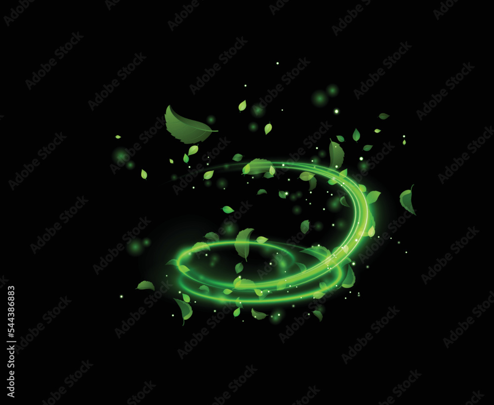 Green spiral spring wind effect with magic dust particles flying around ...