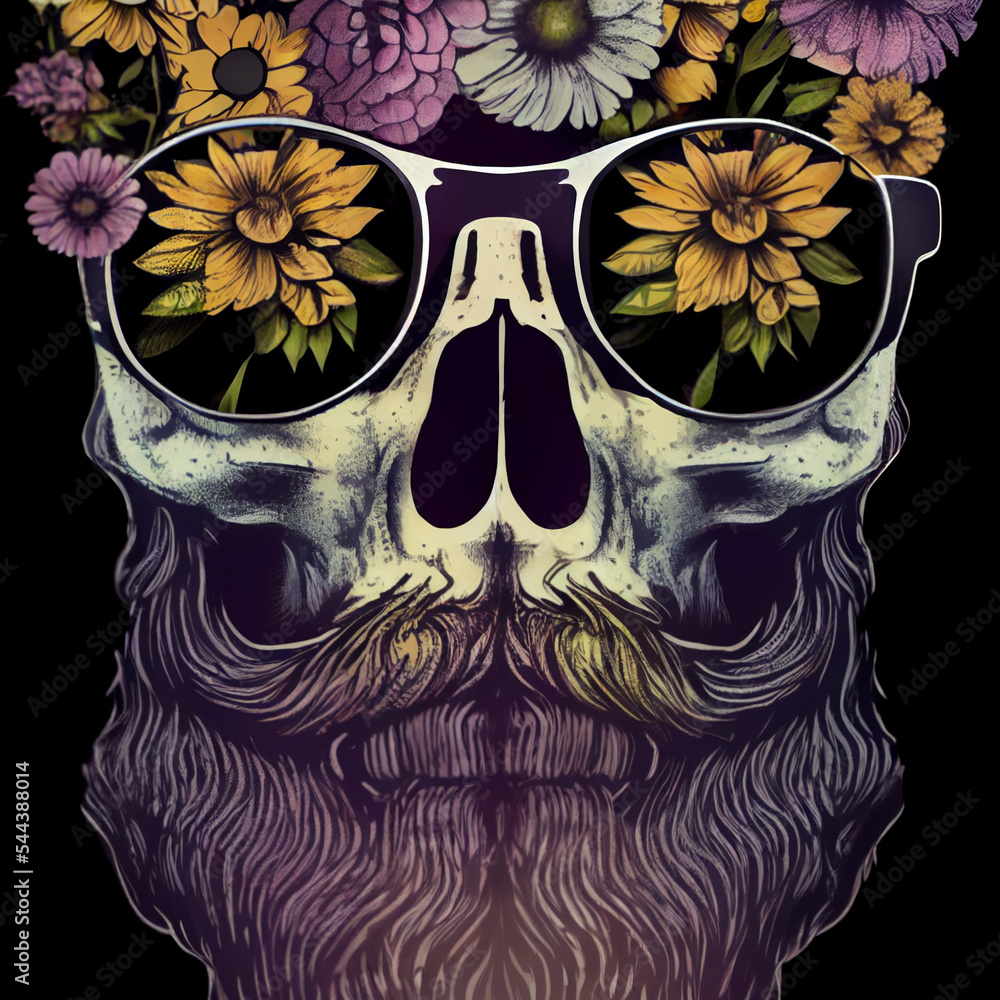 Human skull with a beard and aviator sunglasses illustration Stock ...