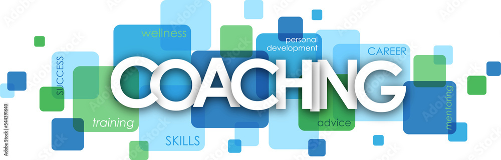 COACHING typography banner with blue and green squares on transparent ...