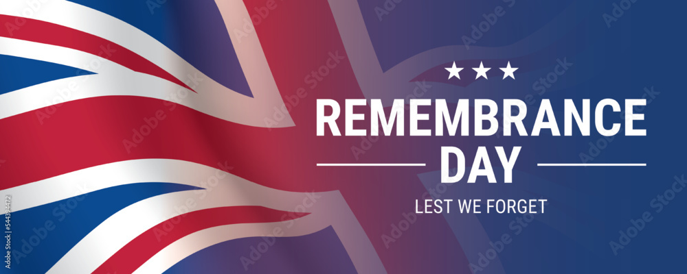 Remembrance Day horizontal banner vector design, with waving UK flag ...