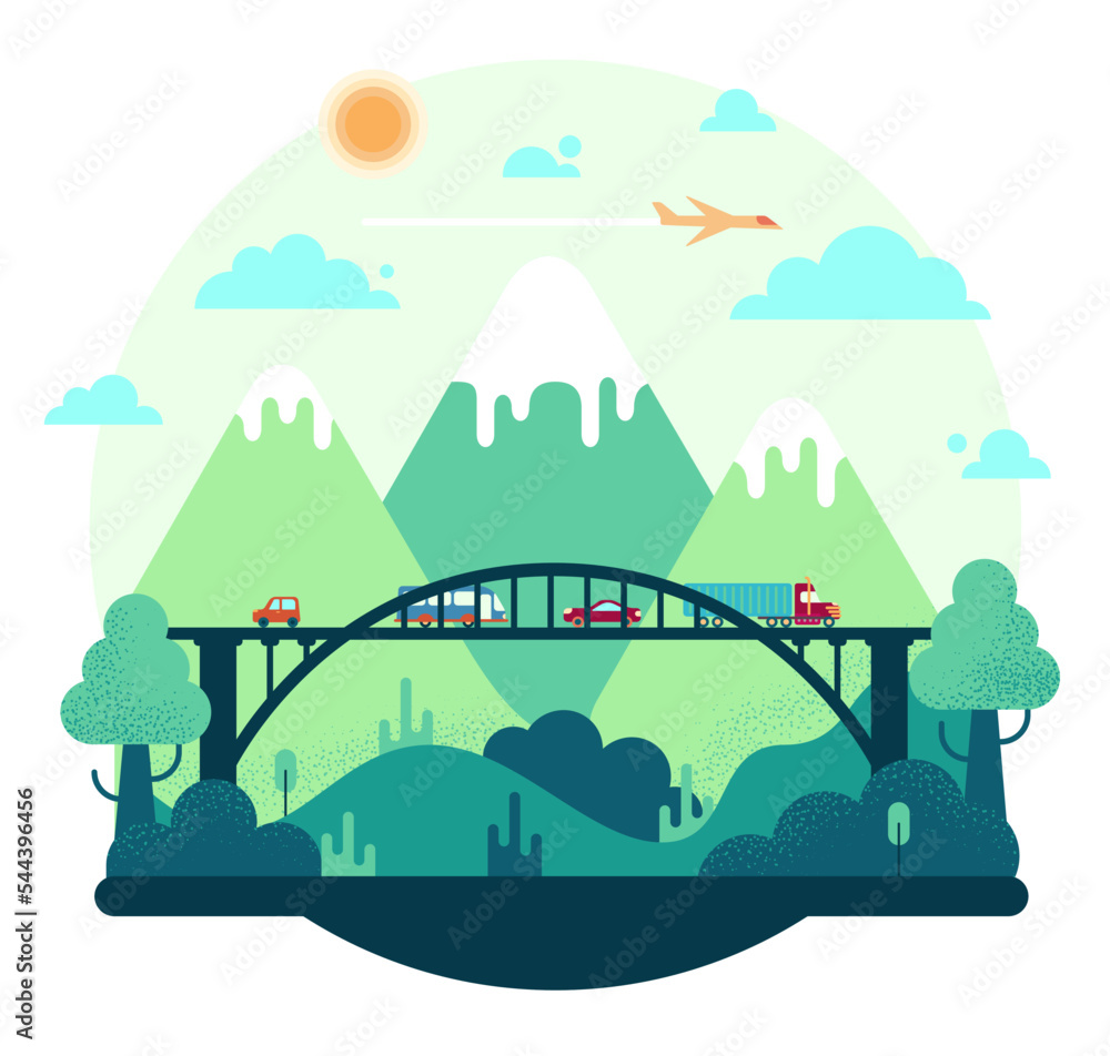 Long bridge in the mountains, vector cartoon illustration in flat stile ...