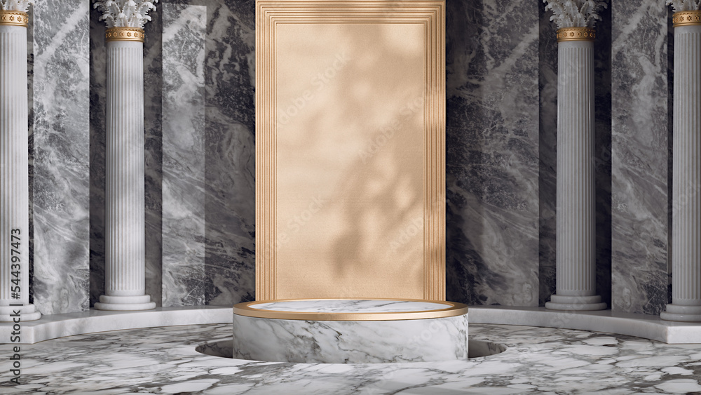 Luxury 3D product podium, marble pedestal for product showcase with copy space. Large golden ...