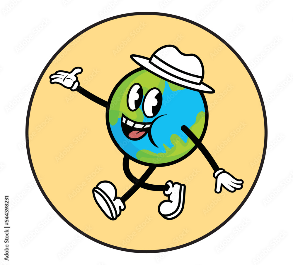 Vintage cartoon flat character of a walking planet earth in a hat ...