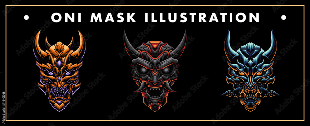 Japanese Oni mask vector design illustration set with cyborg style ...