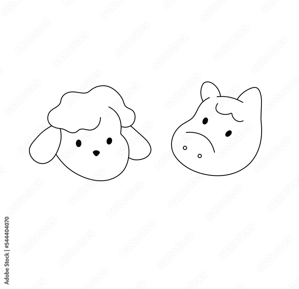 Vector isolated cute cartoon tiny sheep and horse heads farm characters ...