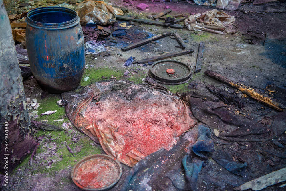 Abandoned industrial building interior covered with dangerous acid and ...