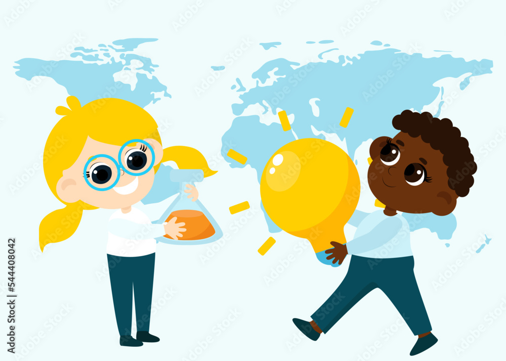 Kid Inventors Day.Children, a boy and a girl, carry a huge yellow light ...