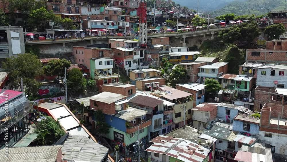 Medellin, Colombia, drone aerial view of Comuna 13 slums poor homes ...
