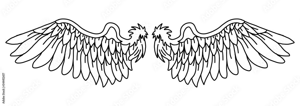 Angel Wings Hand drawn doodle, Feather wings colouring page, line art ...