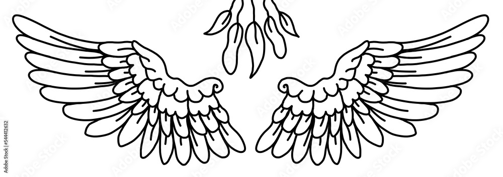 Angel Wings Hand drawn doodle, Feather wings colouring page, line art ...