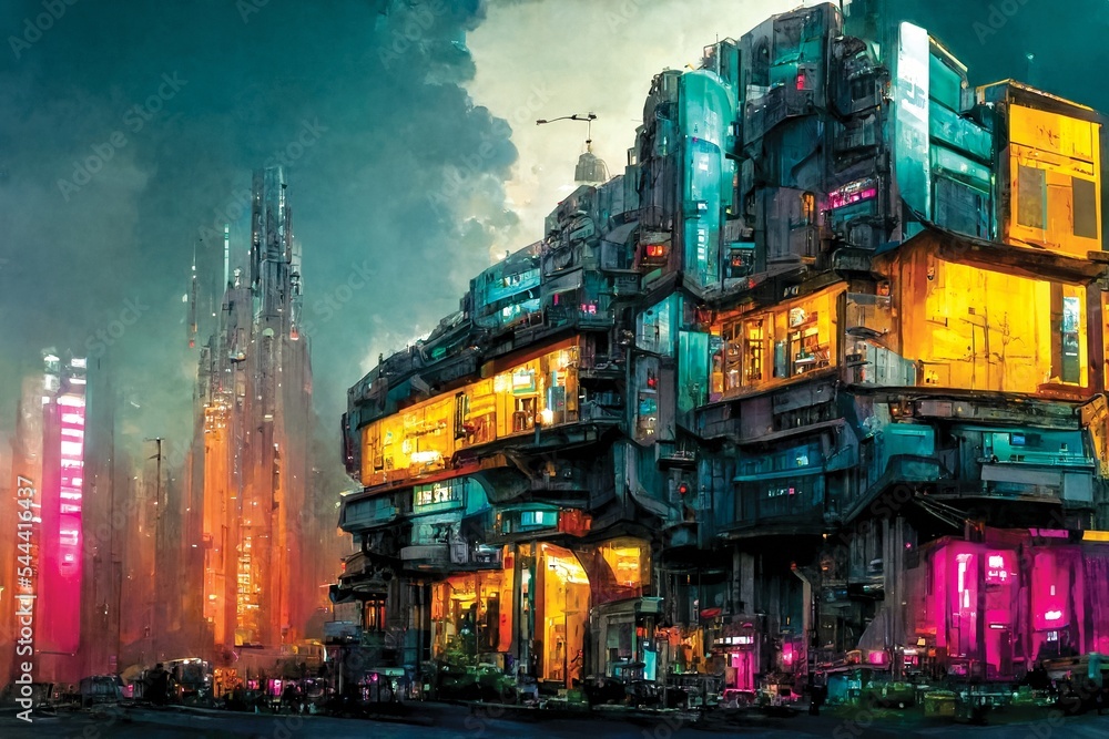 Cyberpunk art, futuristic city street, building of the future, digital ...