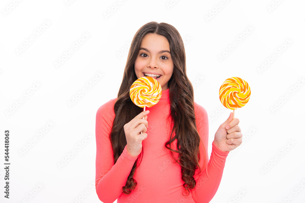 Teenage girl with candy lollipop, happy child 12, 13, 14 years old ...