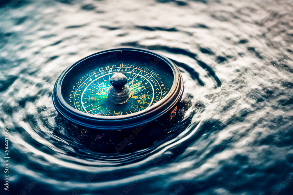 A vintage compass is adorning the surface of the water, sea, or ocean ...