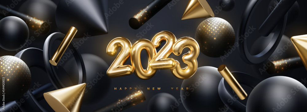 Golden 2023 numbers with flowing black and gold geometric 3d shapes ...