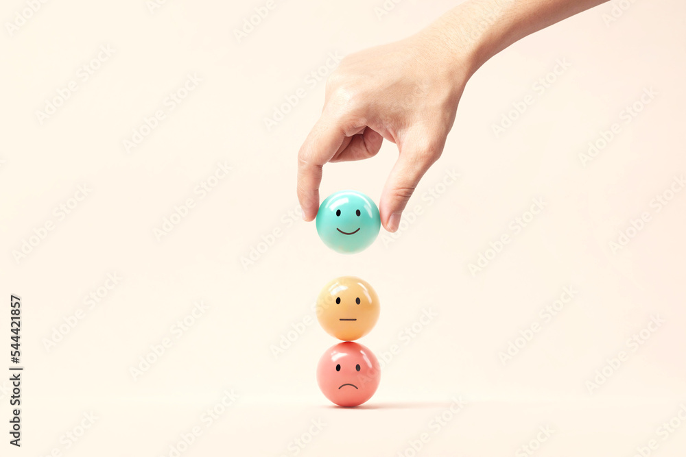 Customer hand showing rating with happy icon, Customer satisfaction ...