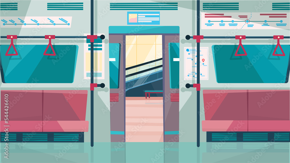 Subway car interior with open door concept in flat cartoon design ...