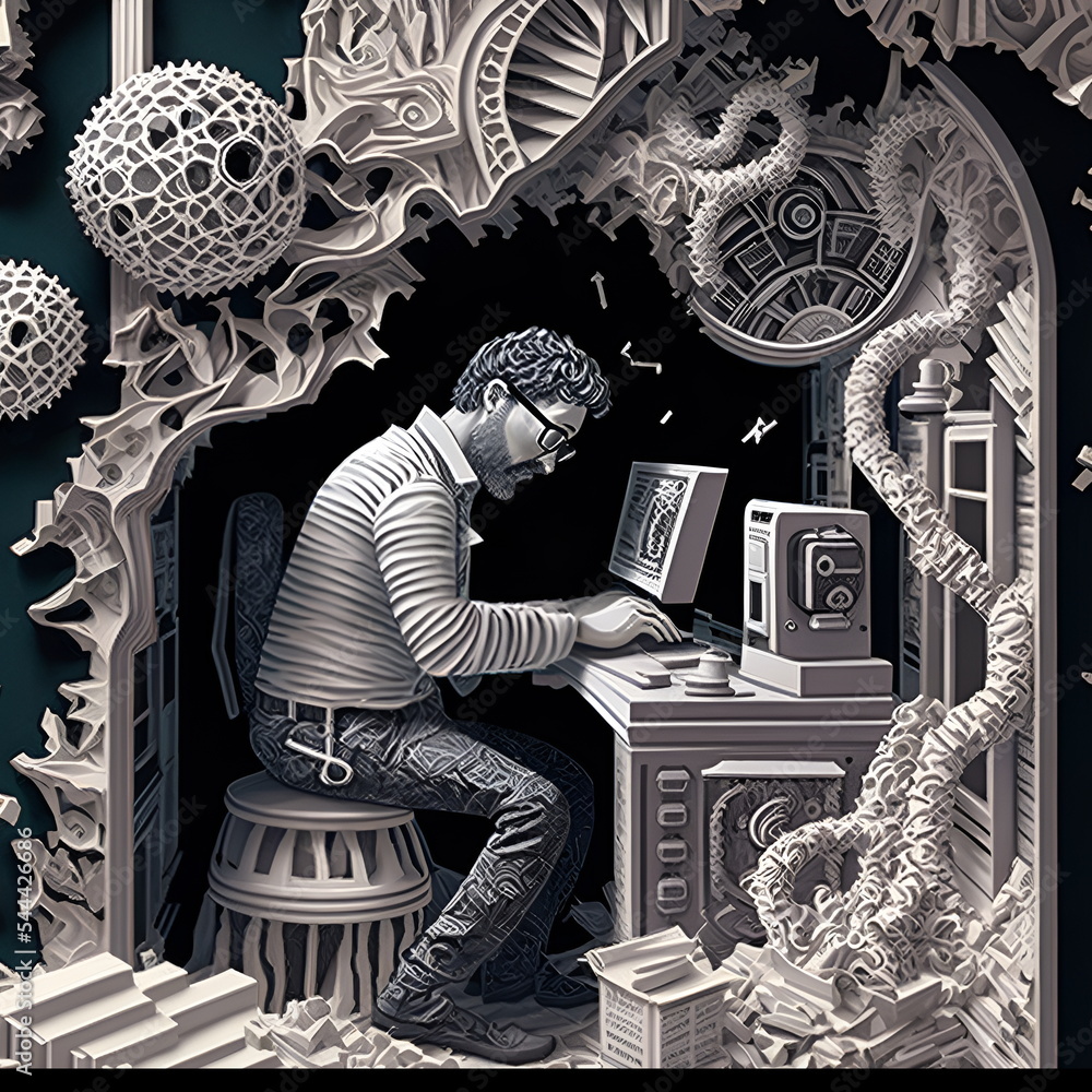 Poster Papercraft man with glasses hunched over computer typing – Wall ...