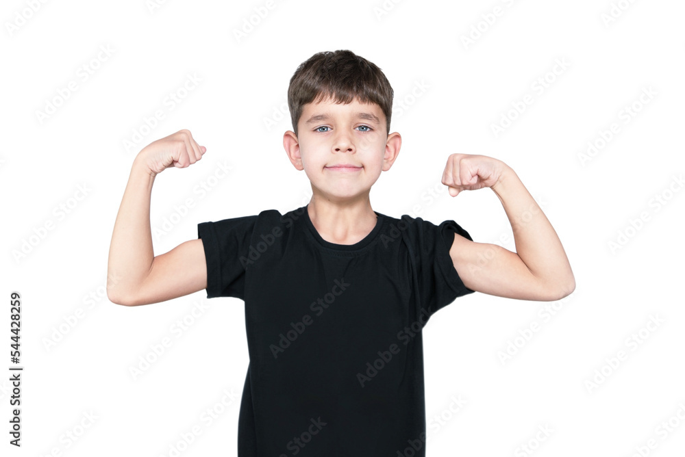 Pre-adolescent boy measuring strength against himself, showing his ...