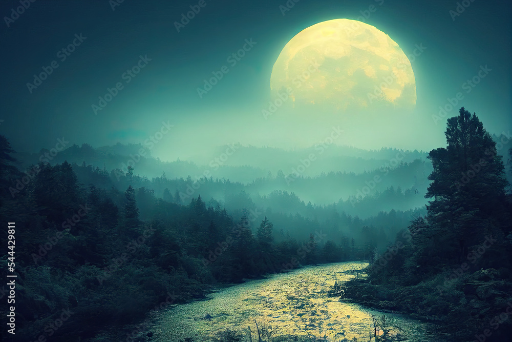 Dark and dramatic, gloomy misty and terrifying mysterious forest ...