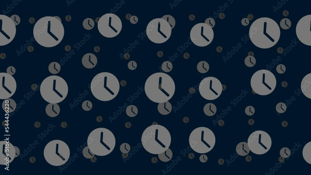 Time symbols float horizontally from left to right. Parallax fly effect. Floating symbols are ...