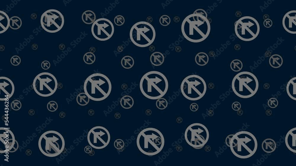 No right turn signs float horizontally from left to right. Parallax fly effect. Floating symbols ...