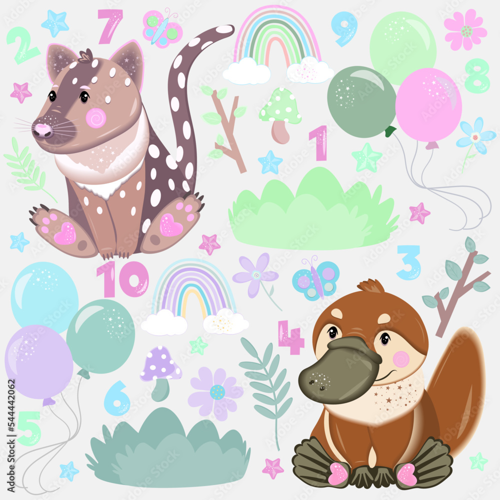 Cartoon platypus and quoll characters graphics set with balloons ...