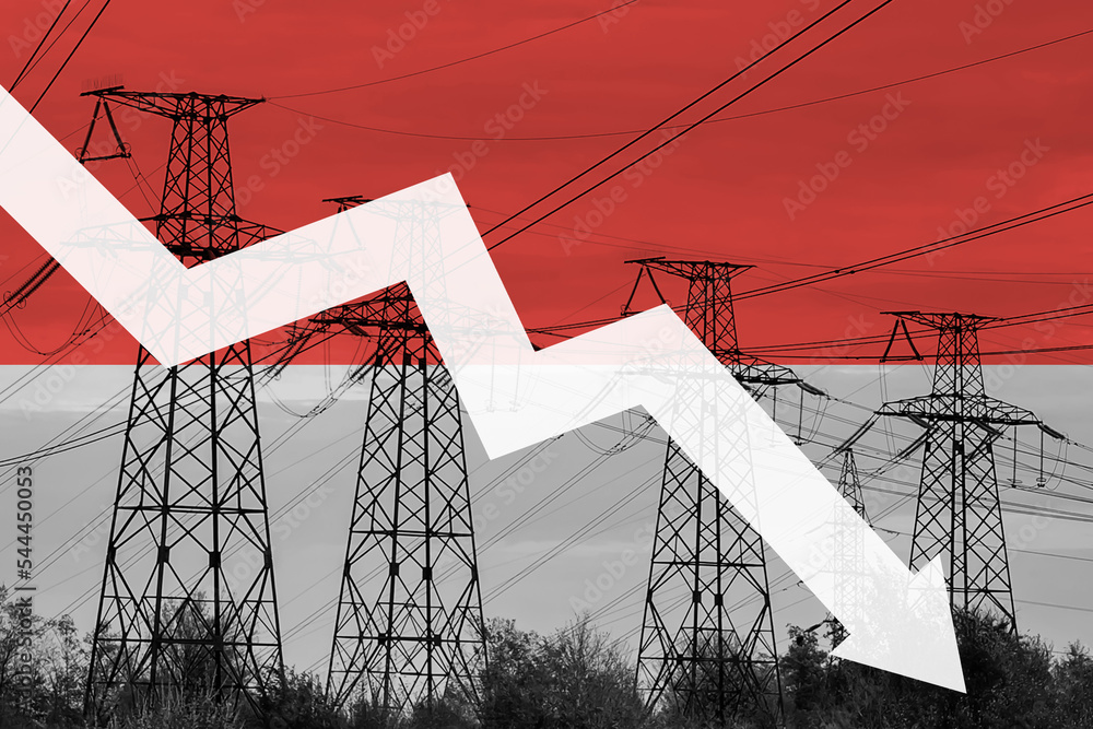Power line and flag of Monaco. Energy crisis. Concept of global energy crisis. Decreased ...