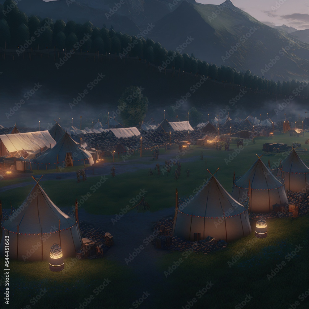 Medieval army camp, painting, 3D rendered, made by AI Stock ...