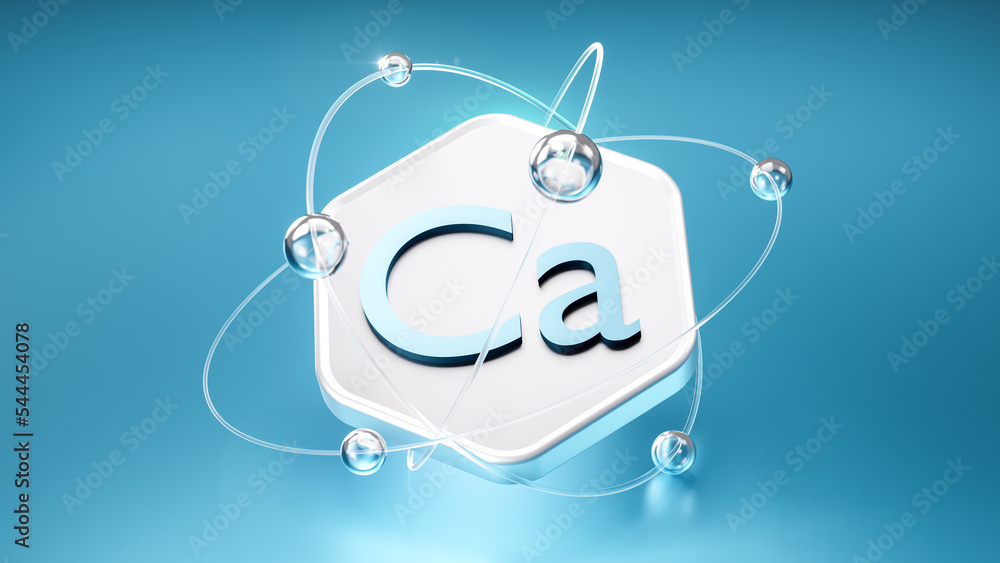 calcium symbol - ca on a hexagon with orbits, floating atoms and ...