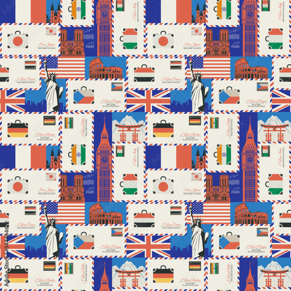 Vector seamless pattern on theme of travel to various countries of ...