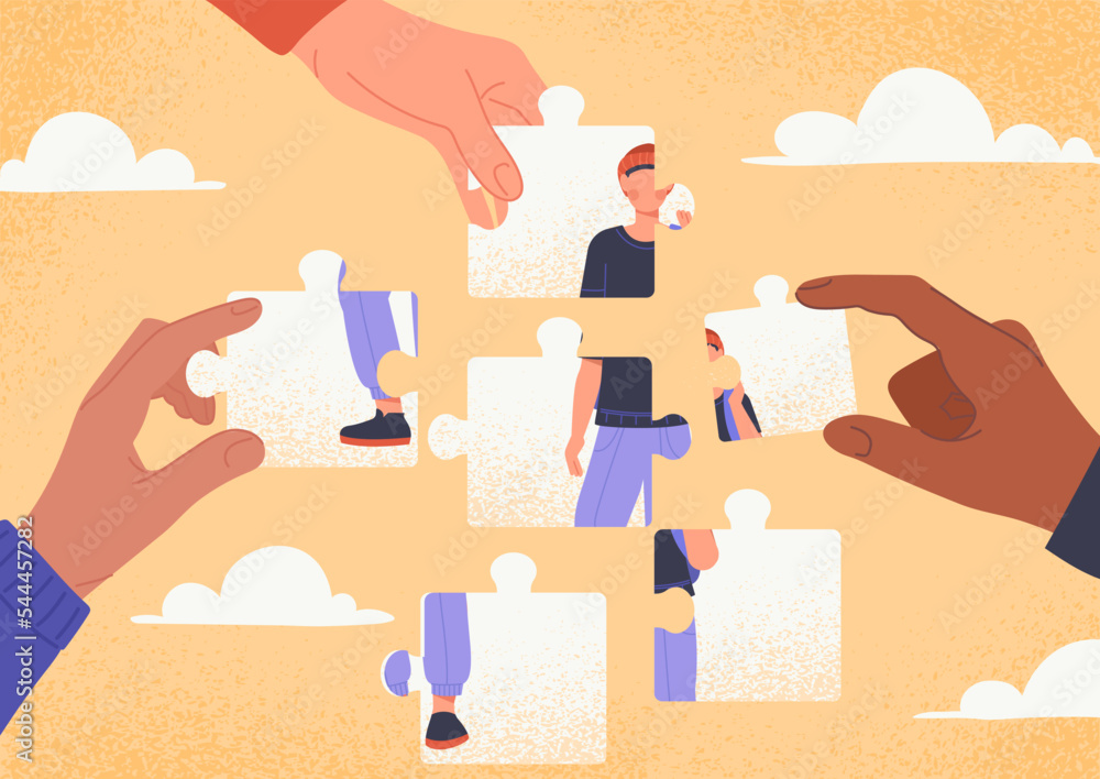 Psychological help concept. Hands collect picture from puzzles ...