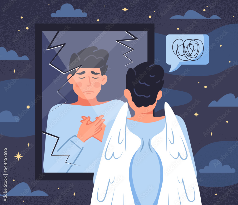 Sad angel concept. Man with wings stands in front of broken mirror ...
