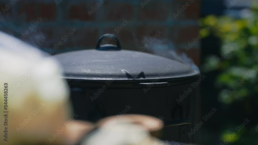 Meat is cooked in kazan. Step by step cooking of Chorba or Plov. Stock ...