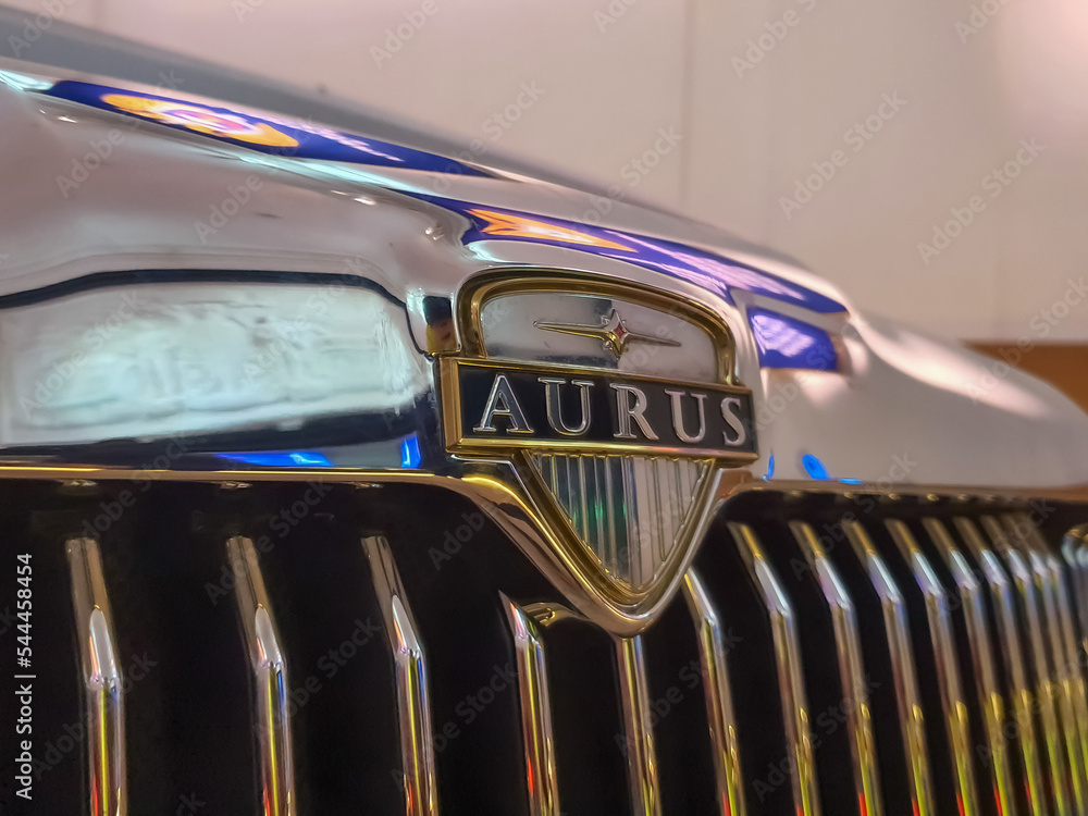 Moscow, Russia - April 4, 2022: Russian premium car Aurus. Logo Close ...