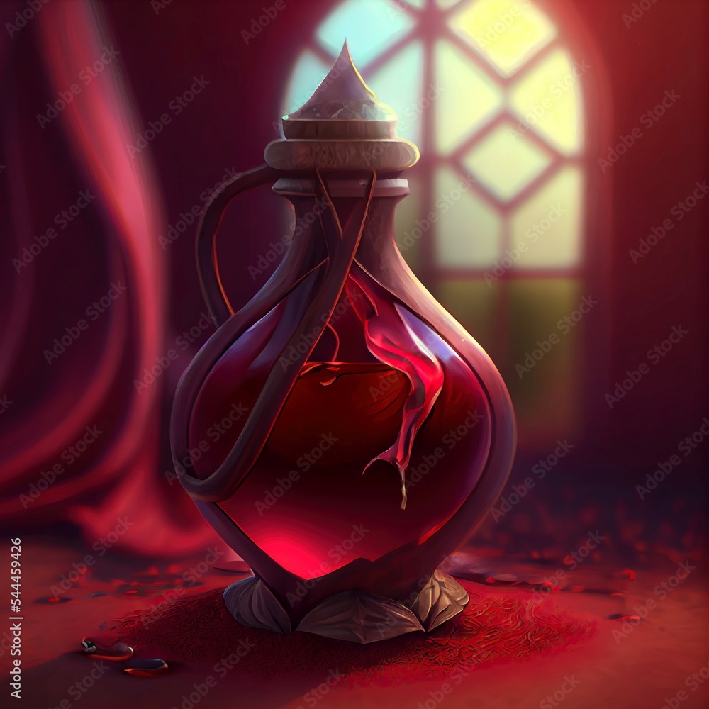 Magic love potion on alchemist's old table, ancient fantasy ...