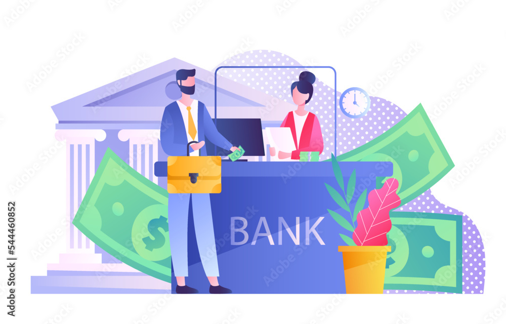 Man in bank. Young guy holds out money to cashier, banking operations ...