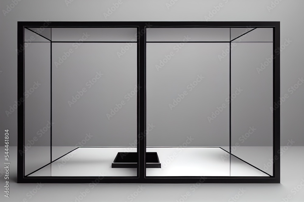 An empty square glass display case with a wooden base on an isolated ...