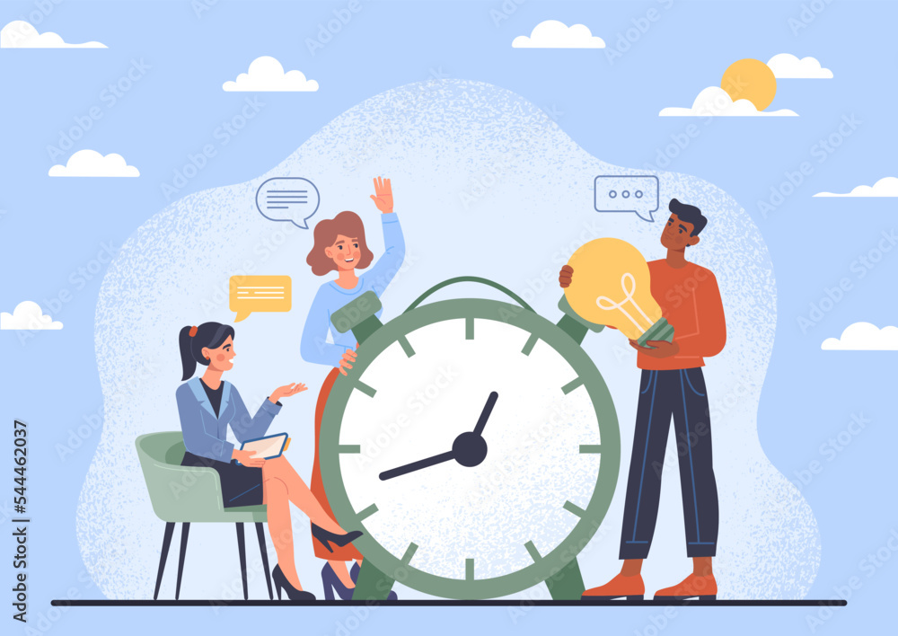 Time management concept. Men and women near big clock. Metaphor for ...