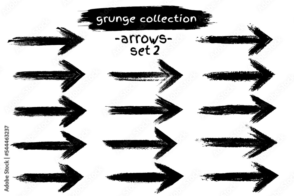 Paint brush stroke arrow set. Handdrawn black charcoal pointers ...