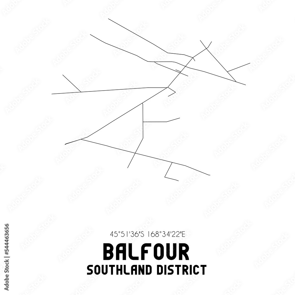 Balfour, Southland District, New Zealand. Minimalistic road map with ...