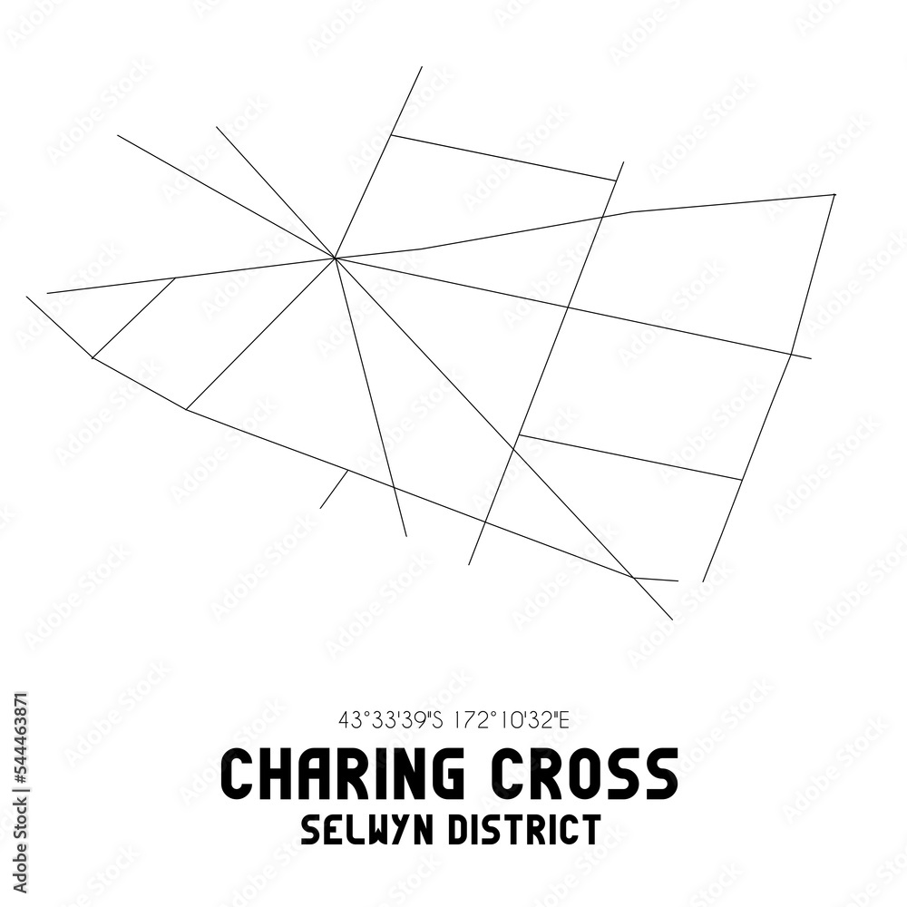 Charing Cross, Selwyn District, New Zealand. Minimalistic road map with ...