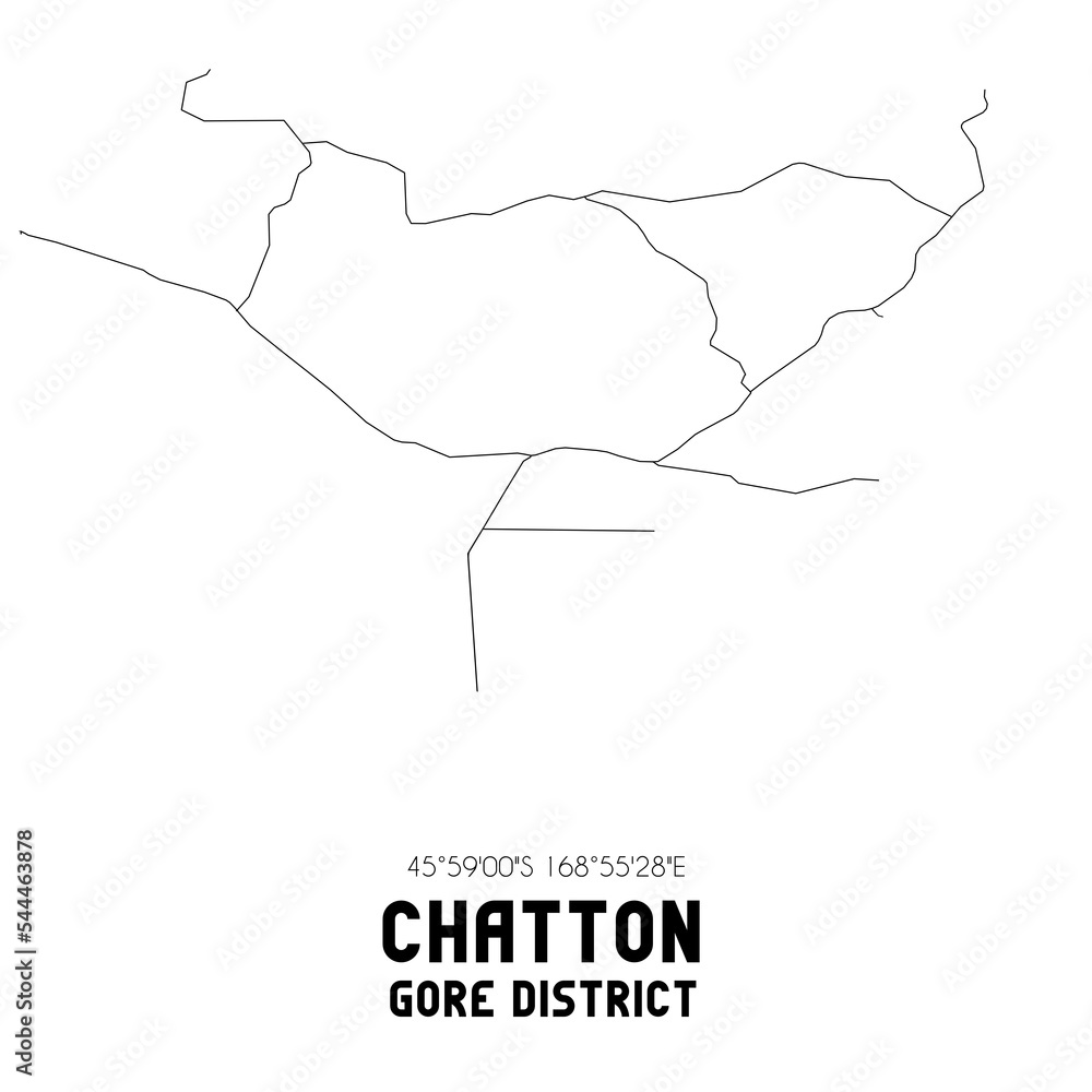 Chatton, Gore District, New Zealand. Minimalistic road map with black ...